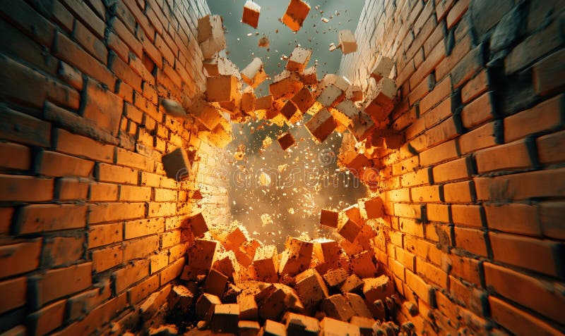 Destruction of Brick Wall with Explosive Force Creating Debris and Dust ...