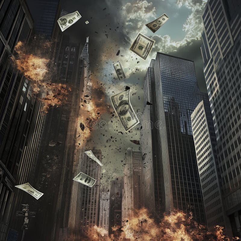 Destruction and Chaos in Cityscape with Falling Money and Explosions ...