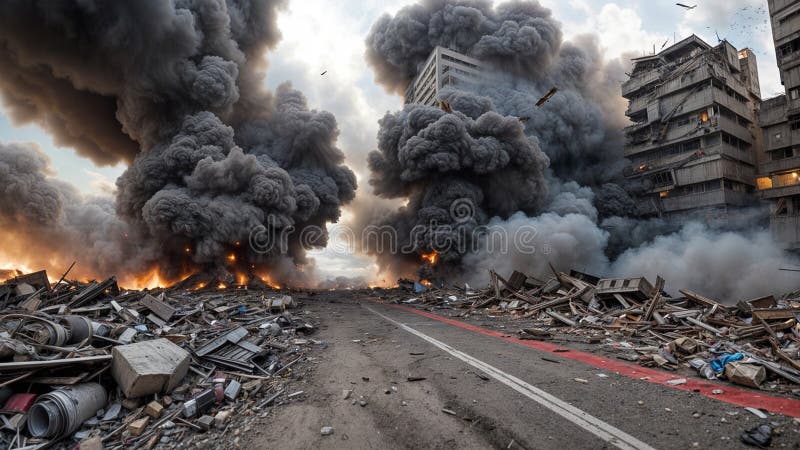 Destruction and Chaos at a Disaster Site with Smoke and Flames Rising ...