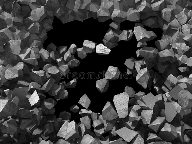 Destruction of Concrete Stone Wall. Dark Hole Industrial Background ...