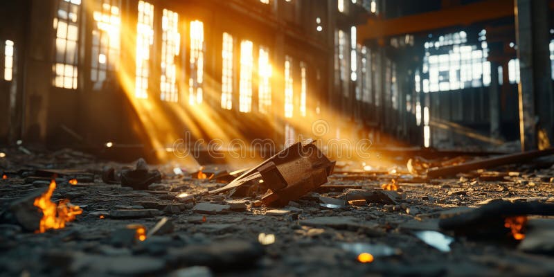 Destruction and Decay in an Abandoned Industrial Building Illuminated ...