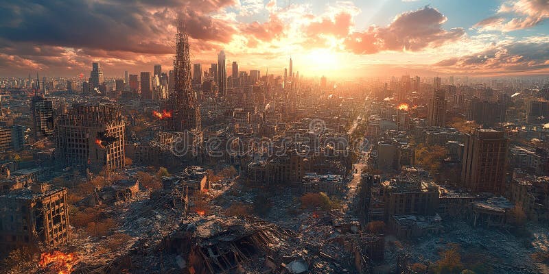 Destruction Depicted in a City Skyline at Sunset with Remnants of ...