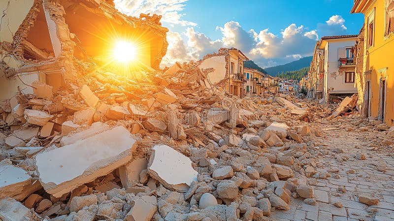 Destruction from Earthquake, Rubble and Debris with Sunlight Shining ...