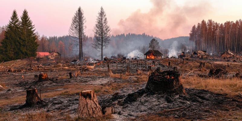 Destruction from Forest Fire with Smoke and Charred Tree Stumps in ...