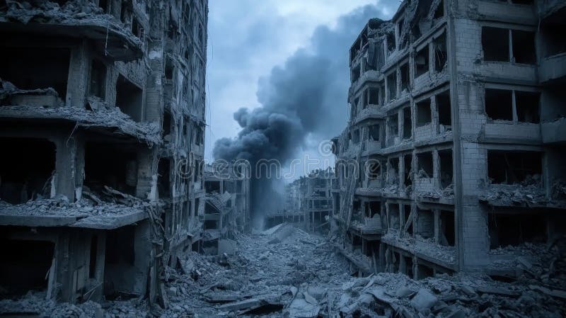 Destruction in Urban War Zone with Smoke and Debris Stock Illustration ...