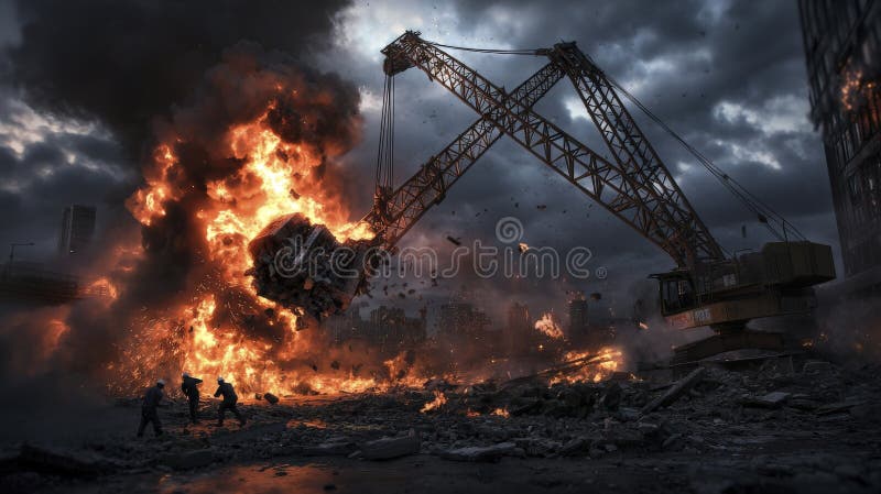 Destructive Explosion at Construction Site Urban Landscape Action Scene ...