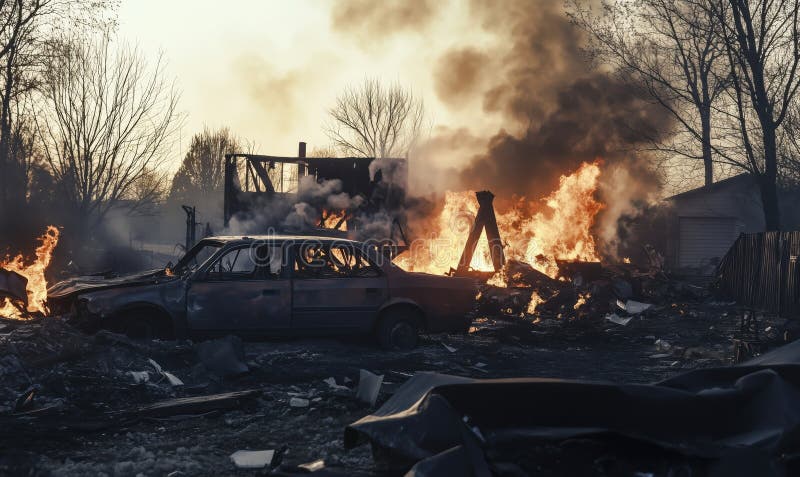 Destructive Fire Engulfing Abandoned Vehicles and Structures, Smoke ...