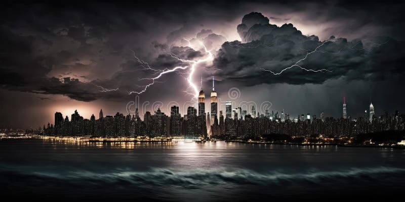 Destructive and Powerful Thunder Storm Strike Metropolis City with ...