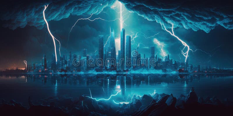 Destructive and Powerful Thunder Storm Strike Metropolis City with ...