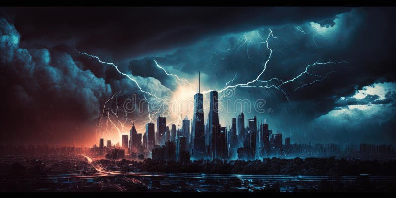 Destructive and Powerful Thunder Storm Strike Metropolis City with ...