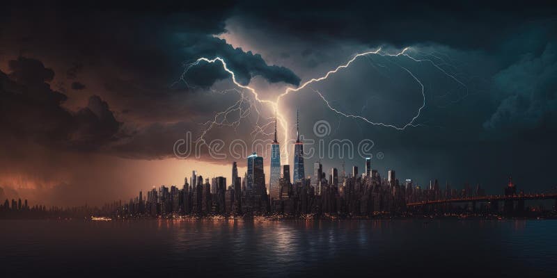 Destructive and Powerful Thunder Storm Strike Metropolis City with ...