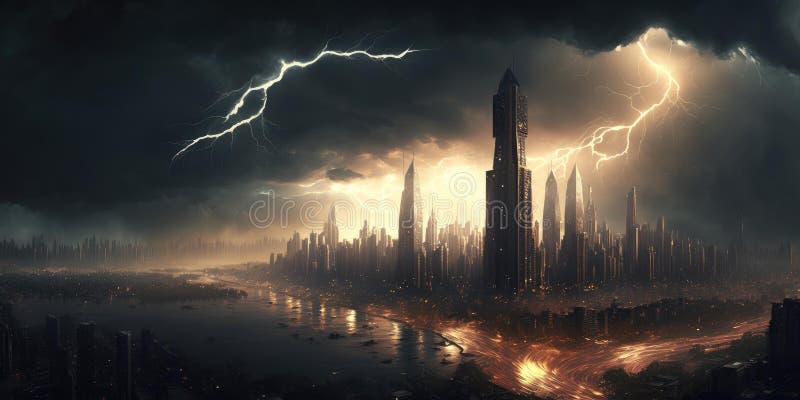 Destructive and Powerful Thunder Storm Strike Metropolis City with ...