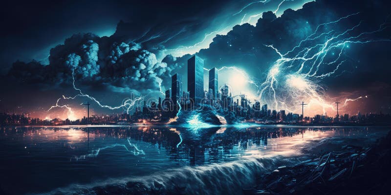 Destructive and Powerful Thunder Storm Strike Metropolis City with ...