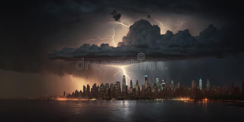 Destructive and Powerful Thunder Storm Strike Metropolis City with ...