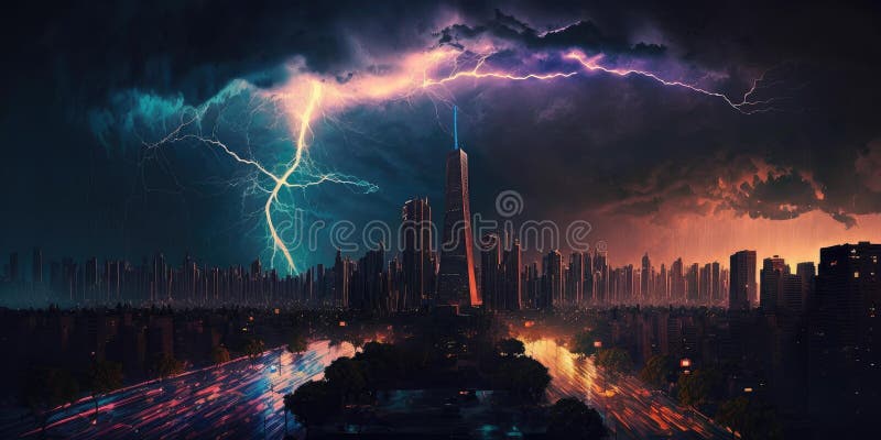 Destructive and Powerful Thunder Storm Strike Metropolis City with ...