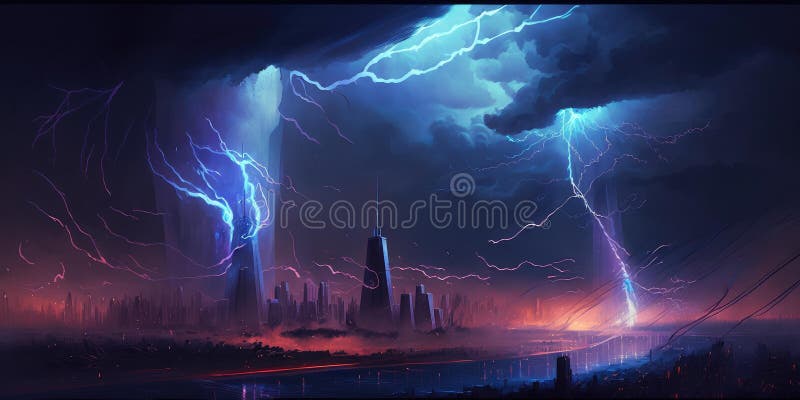 Destructive and Powerful Thunder Storm Strike Metropolis City with ...