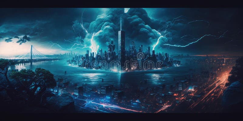 Destructive and Powerful Thunder Storm Strike Metropolis City with ...