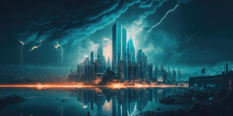 Destructive and Powerful Thunder Storm Strike Metropolis City with ...
