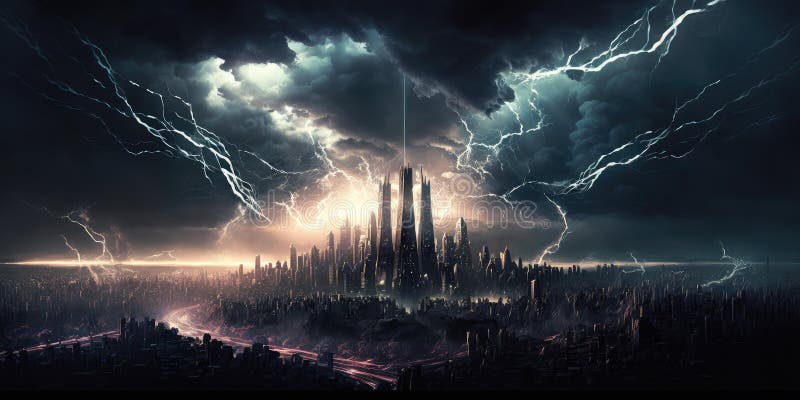 Destructive and Powerful Thunder Storm Strike Metropolis City with ...