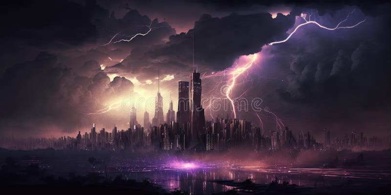Destructive and Powerful Thunder Storm Strike Metropolis City with ...