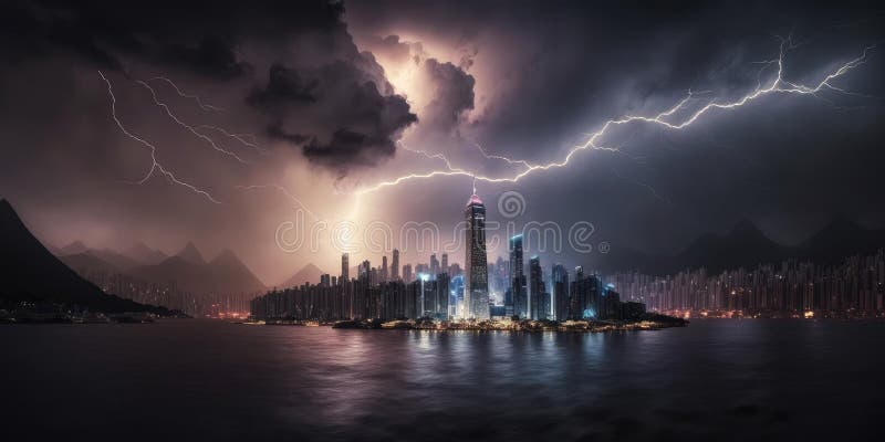 Destructive and Powerful Thunder Storm Strike Metropolis City with ...