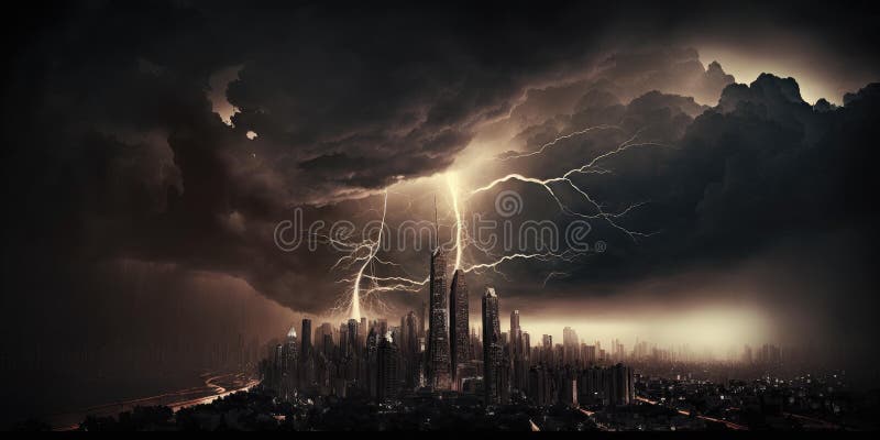 Destructive and Powerful Thunder Storm Strike Metropolis City with ...