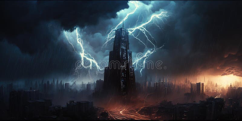 Destructive and Powerful Thunder Storm Strike Metropolis City with ...