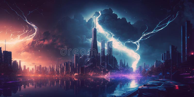 Destructive and Powerful Thunder Storm Strike Metropolis City with ...