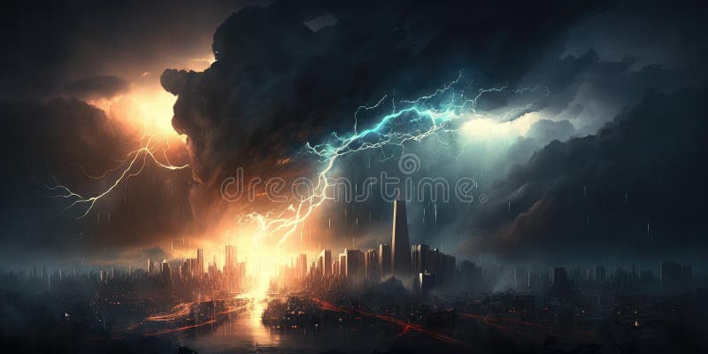 Destructive and Powerful Thunder Storm Strike Metropolis City with ...