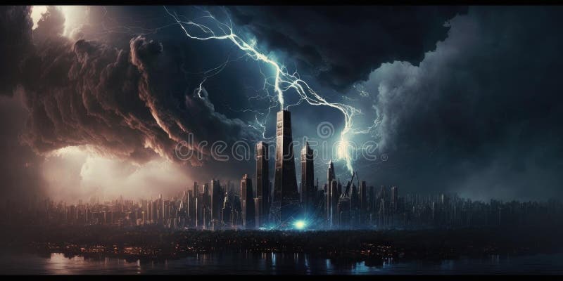 Destructive and Powerful Thunder Storm Strike Metropolis City with ...