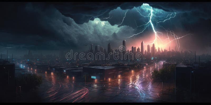 Destructive and Powerful Thunder Storm Strike Metropolis City with ...