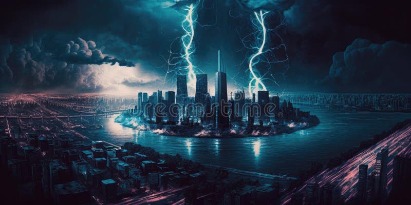 Destructive and Powerful Thunder Storm Strike Metropolis City with ...