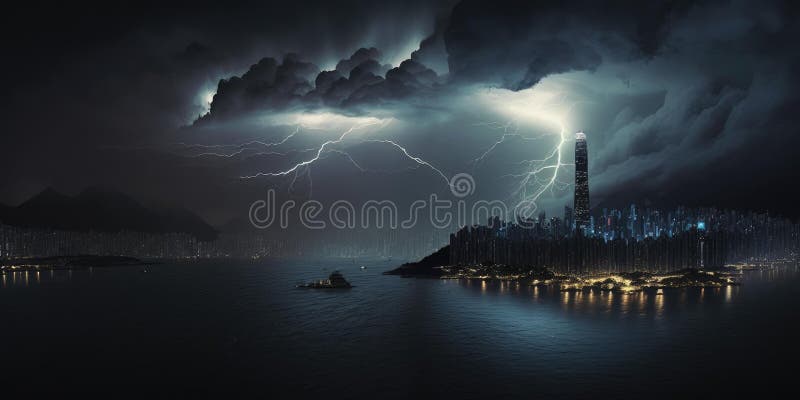 Destructive and Powerful Thunder Storm Strike Metropolis City with ...