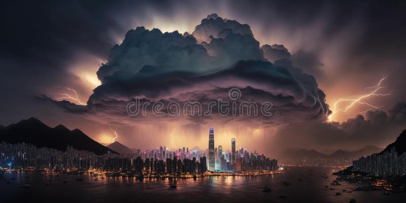 Destructive and Powerful Thunder Storm Strike Metropolis City with ...