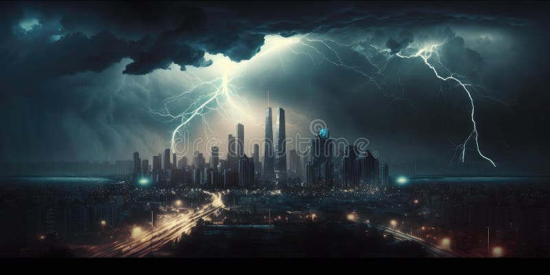 Destructive and Powerful Thunder Storm Strike Metropolis City with ...