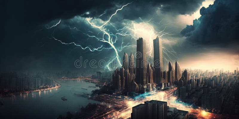 Destructive and Powerful Thunder Storm Strike Metropolis City with ...