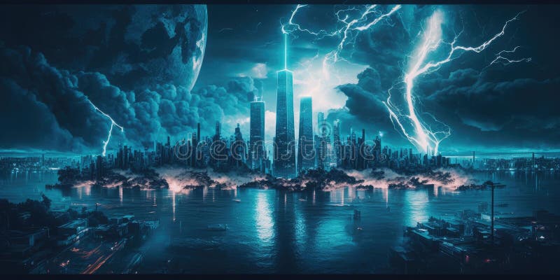 Destructive and Powerful Thunder Storm Strike Metropolis City with ...