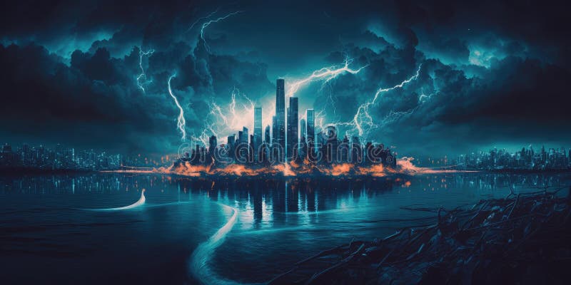 Destructive and Powerful Thunder Storm Strike Metropolis City with ...