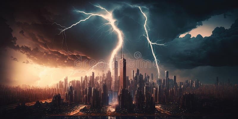 Destructive and Powerful Thunder Storm Strike Metropolis City with ...