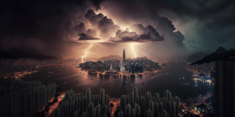Destructive and Powerful Thunder Storm Strike Metropolis City with ...