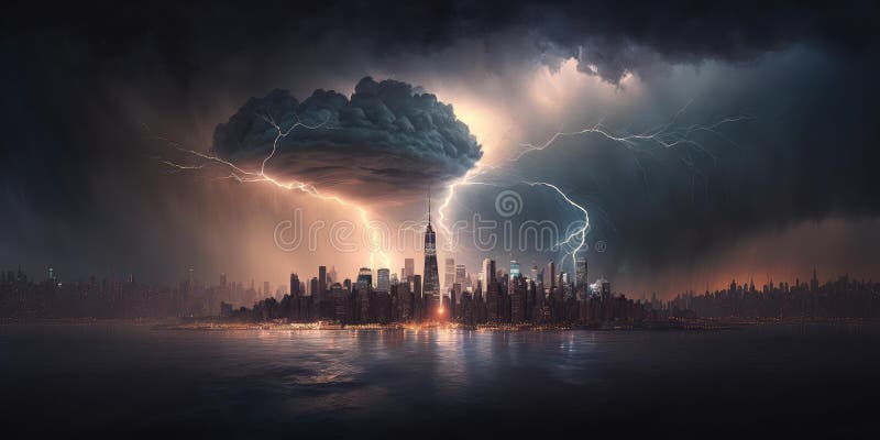 Destructive and Powerful Thunder Storm Strike Metropolis City with ...