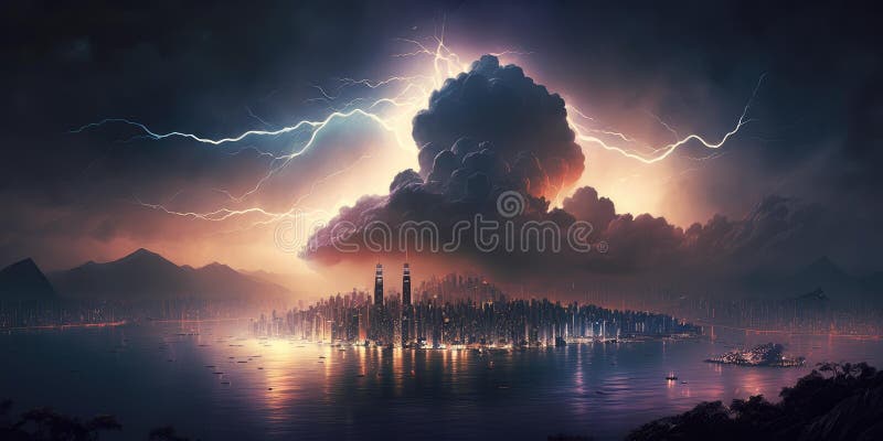 Destructive and Powerful Thunder Storm Strike Metropolis City with ...