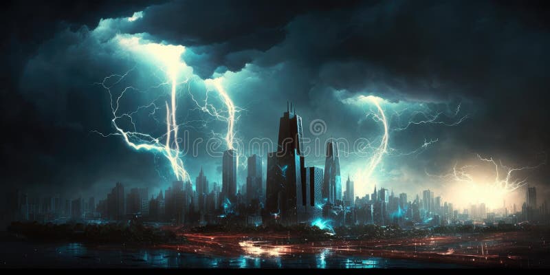 Destructive and Powerful Thunder Storm Strike Metropolis City with ...