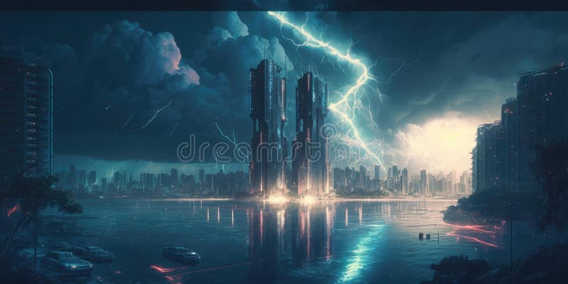 Destructive and Powerful Thunder Storm Strike Metropolis City with ...