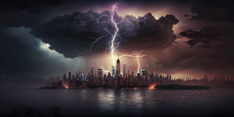 Destructive and Powerful Thunder Storm Strike Metropolis City with ...