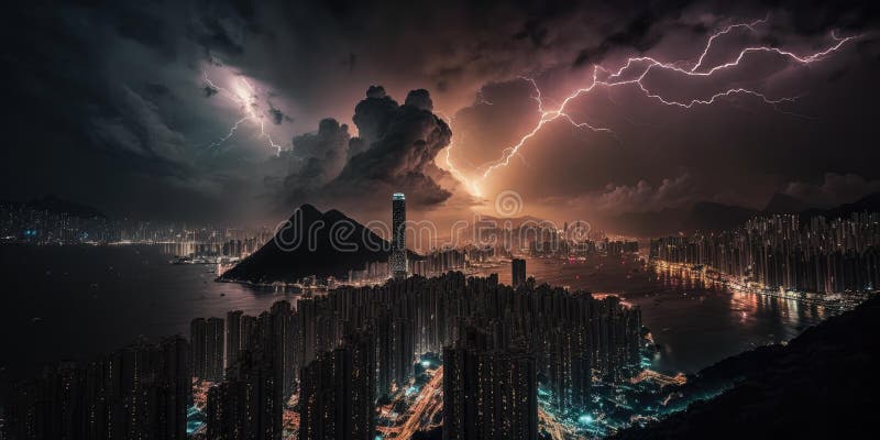 Destructive and Powerful Thunder Storm Strike Metropolis City with ...