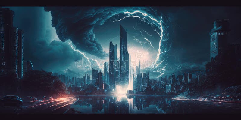 Destructive and Powerful Thunder Storm Strike Metropolis City with ...