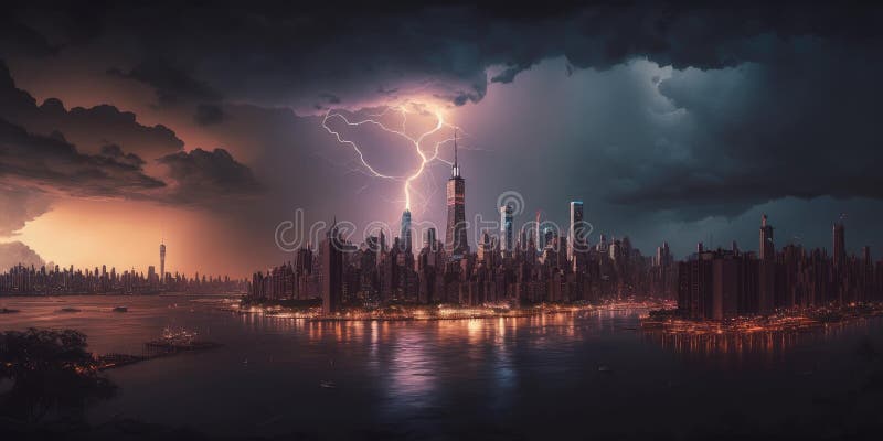 Destructive and Powerful Thunder Storm Strike Metropolis City with ...