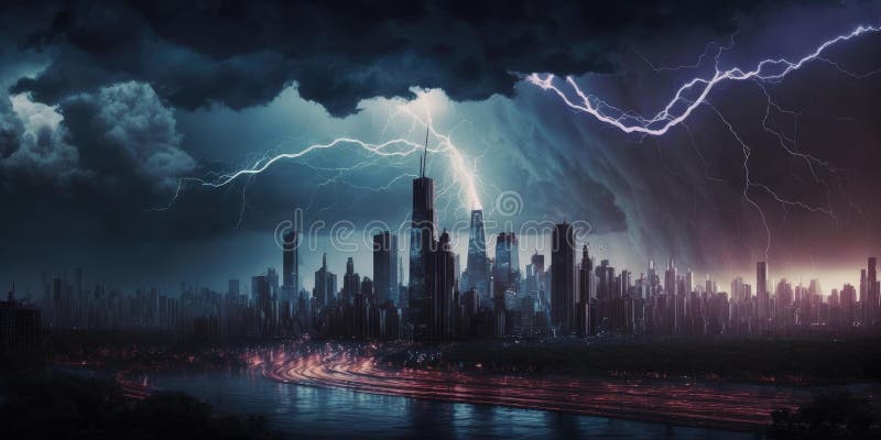 Destructive and Powerful Thunder Storm Strike Metropolis City with ...