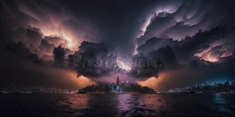 Destructive and Powerful Thunder Storm Strike Metropolis City with ...